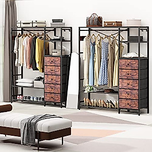 Loomie Heavy Duty Clothes Rack for Hanging Clothes with 5 Shelves & 5 Drawers, Metal Freestanding Clothing Rack with Five Hooks, Garment Rack Closet Wardrobe Rack, 70.87H x 59.06W,Max 900lbs,Rustic