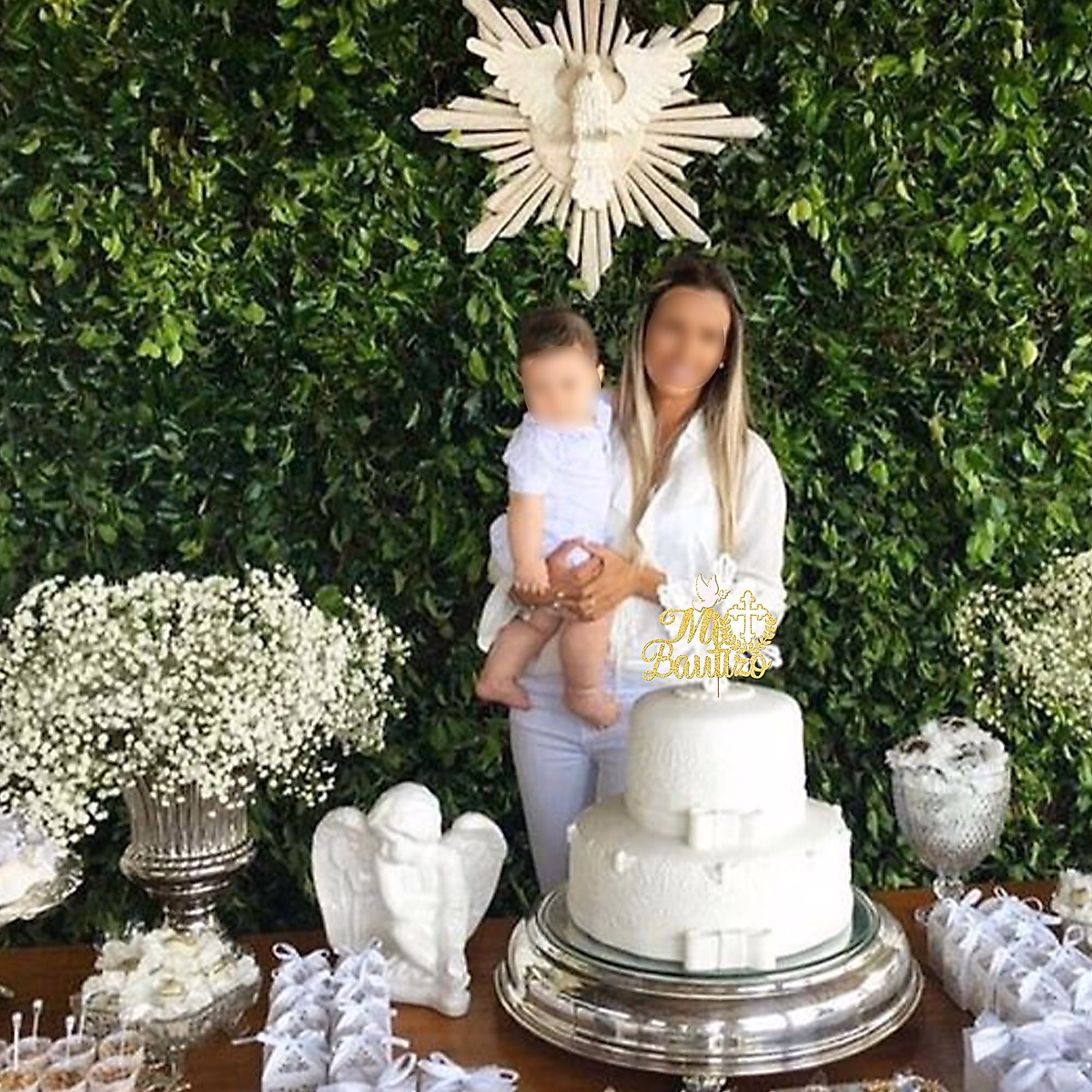 1 Pack Spanish Mi Bautizo Cake Topper Glitter Cross First Holy Communion Baptism Cake Pick Religious God Bless Baptism Cake Decoration for Baby Shower Birthday Party Supplies Gold