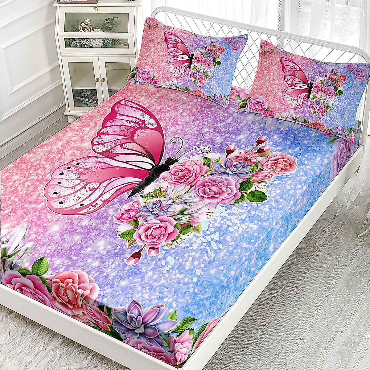 AILONEN Beautiful Butterfly Fitted Sheet Full Size, Sparkling Blue Pink Butterfly with Floral Bedding Set for Girls Women,Starry Theme Bed Sheet Set,3 Pieces,1 Fitted Sheet and 2 Pillowcases