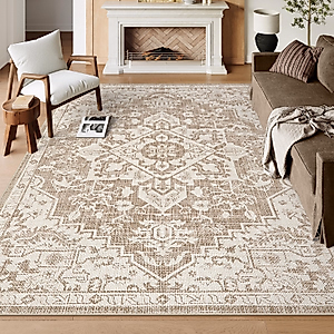 Vintage Washable 8x10 Area Rugs for Living Room, Neutral Large Rug for Dining Room Farmhouse Stain Resistant Chenille Rug Non Slip Low Pile Under Table Carpet for Bedroom Home Office, Light Taupe