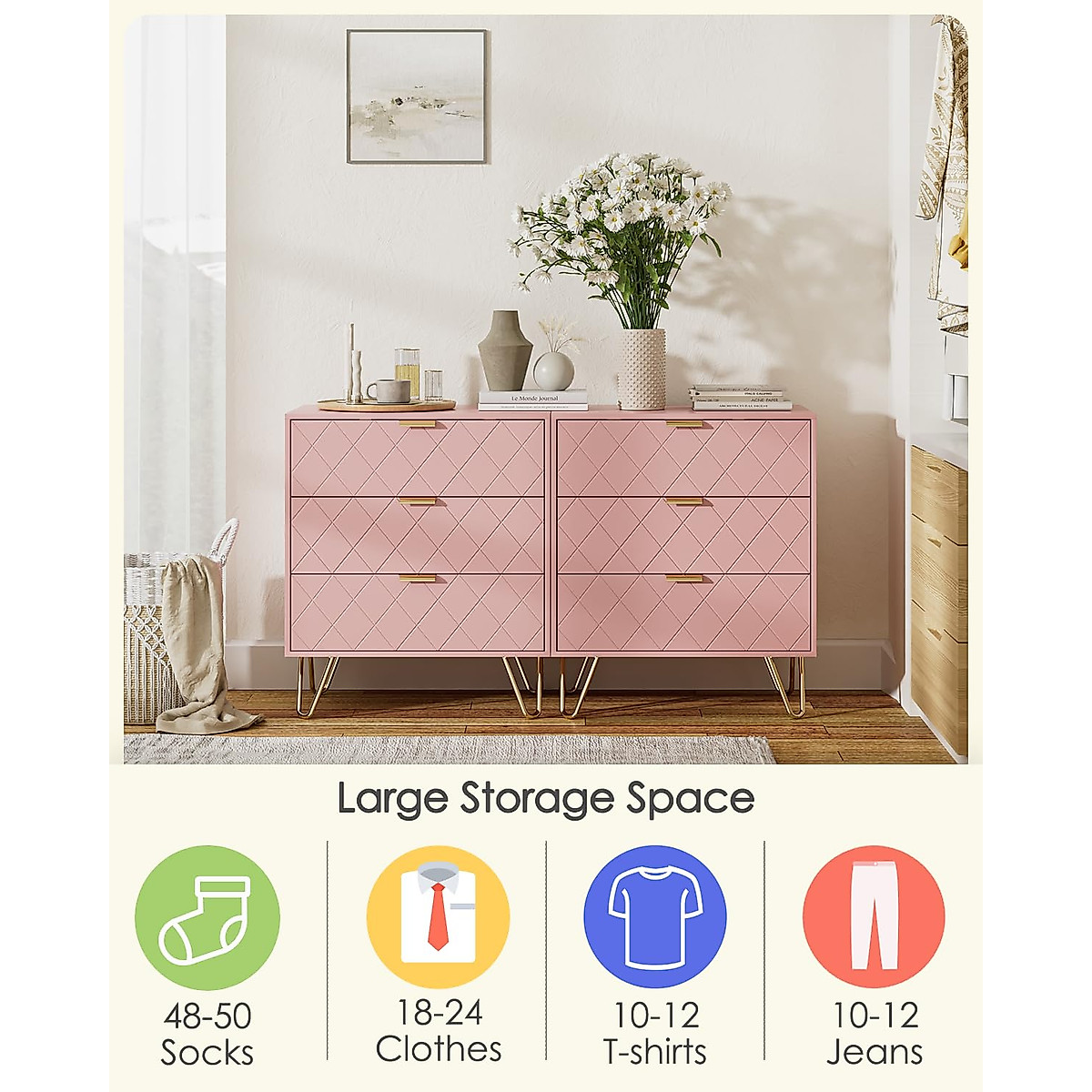 Aobafuir 3 Drawer Dresser for Bedroom, Modern Closet Dressers Chest of Drawers, Storage Dresser Chest Cabinet Organizer Unit, Small Fluted Dresser for Bedroom (Pink Diamond)