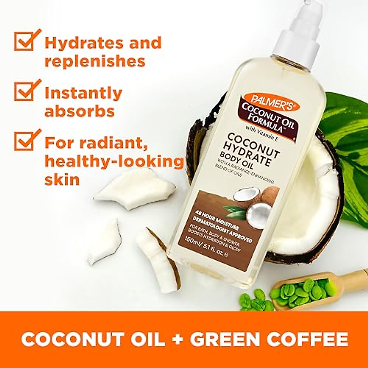 Palmer's Coconut Oil Formula Body Oil, Body Moisturizer with Green Coffee Extract, Bath Oil for Dry Skin, 5.1 Ounces (Spray Cap)