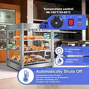 Commercial Countertop Food Warmer | 800 W Stainless Steel Countertop Heated Cabinet | 3-Tier Glass Food Warming Display Machine | 86-185°F Temp Control Food Heater for Buffet Restaurant