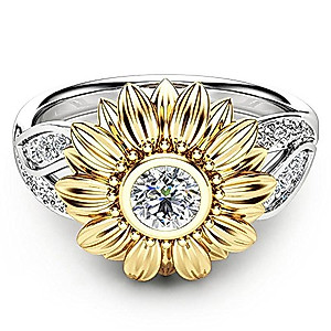 Baralonly Sunflower Rings for Women, 2021 Exquisite Women's Two Tone Silver Floral Ring Diamond Gold Sunflower Jewel Engagement Jewelry for Girlfriends Mother Gift