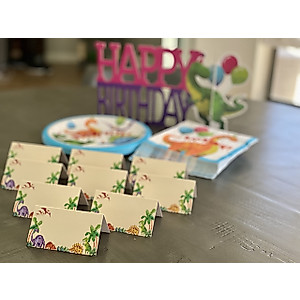 Dinosaur Place Cards - 25 Pack - Dinosaur Themed Card Labels for Food. Name Cards for Kids Birthday Parties, Jungle Theme Parties, Sleepover Parties, Cocktail Parties, and Buffets. 2” x 3.5” Folded.