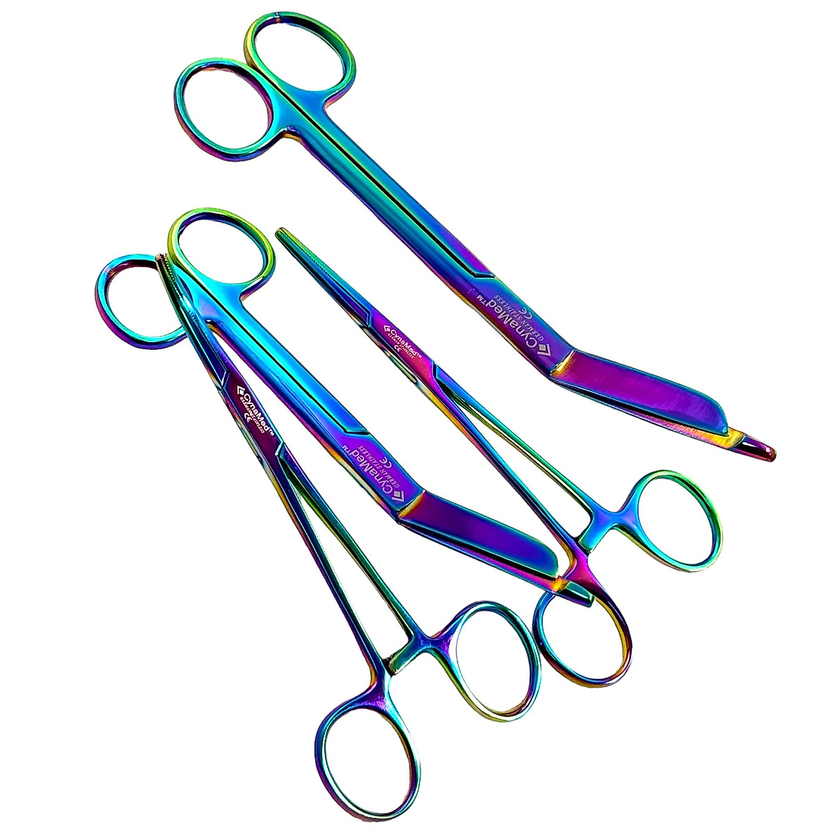 CynaMed German Nurses Doctor Lister Bandage Scissors 7.25" +5.5" + HEMOSTAT Forceps Str +Cvd 5.5" Multi Color Rainbow Color Stainless Steel - (Set of 4)