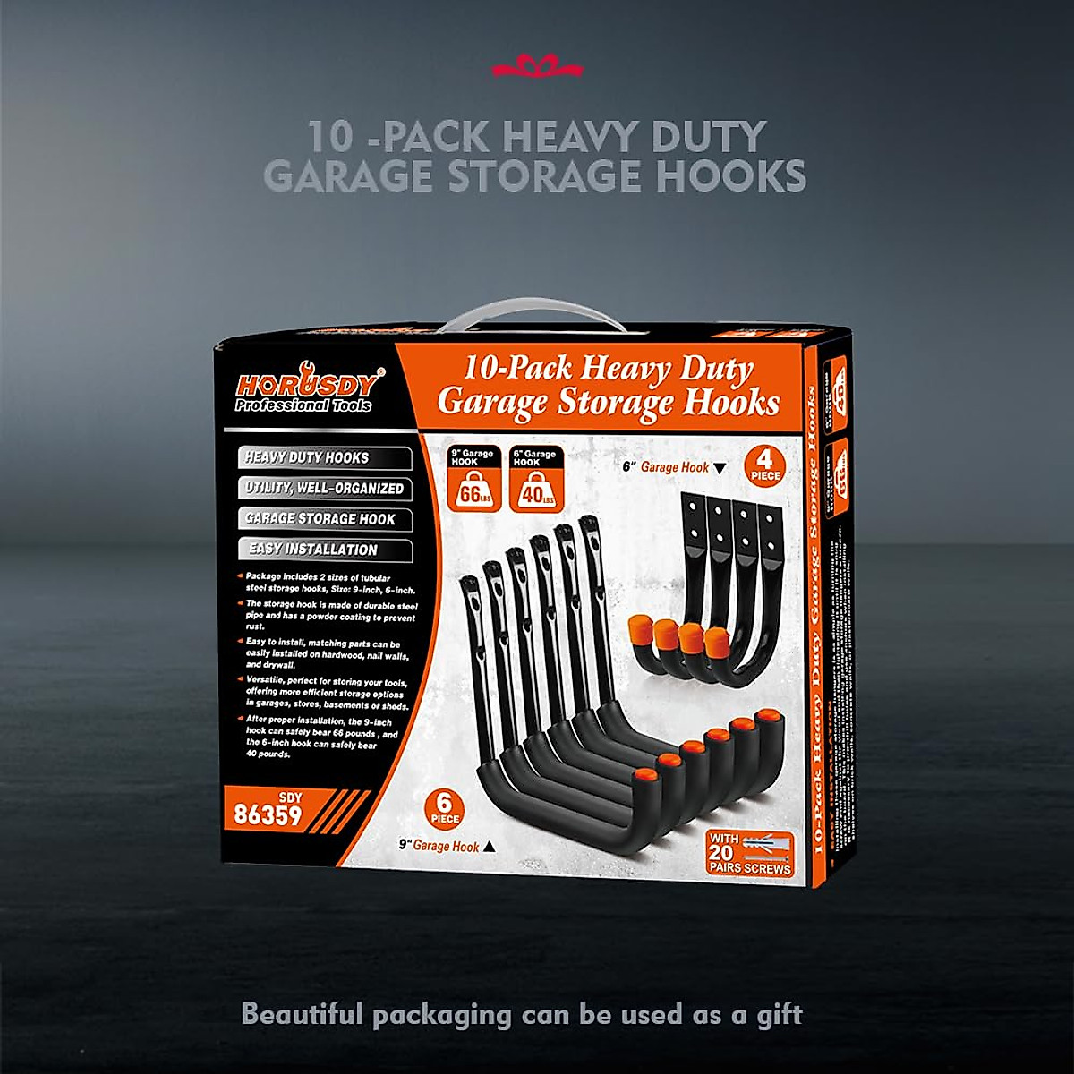 HORUSDY 10-Pack Garage Hooks, Utility Hooks, 9" & 6” Garage Hooks Heavy Duty Wall Hooks for Bikes, Kayak and Hanging Ladders