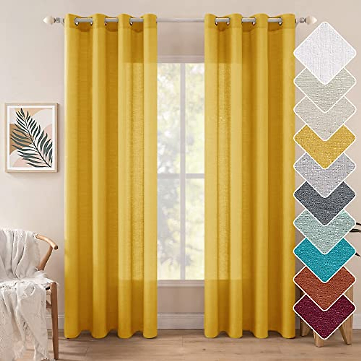 MIULEE Gold Faux Linen Textured Semi Sheer Curtains 2 Panels for Living Room Bedroom Light Filtering Thick Linen Privacy Window Curtains Golden Mustard Yellow Grommet Voile Drapes W 52 x L 72 inches