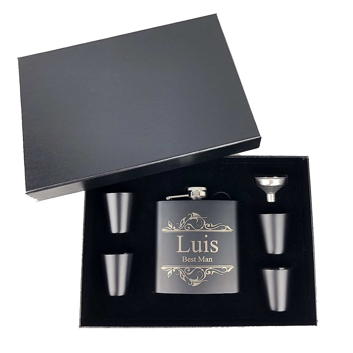 Personalize Gift Groomsmen Proposal 6pc Black Flask Gift Box Set Custom Laser Engraving