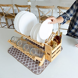 All-in-1 Bamboo Dish Drying Rack Set with Utensil Holder and Microfiber Drying Mat Large Collapsible 3 Tier Wooden Dish Drying Rack Bamboo Utensil Drying Rack and 15" Dish Drying Mat.