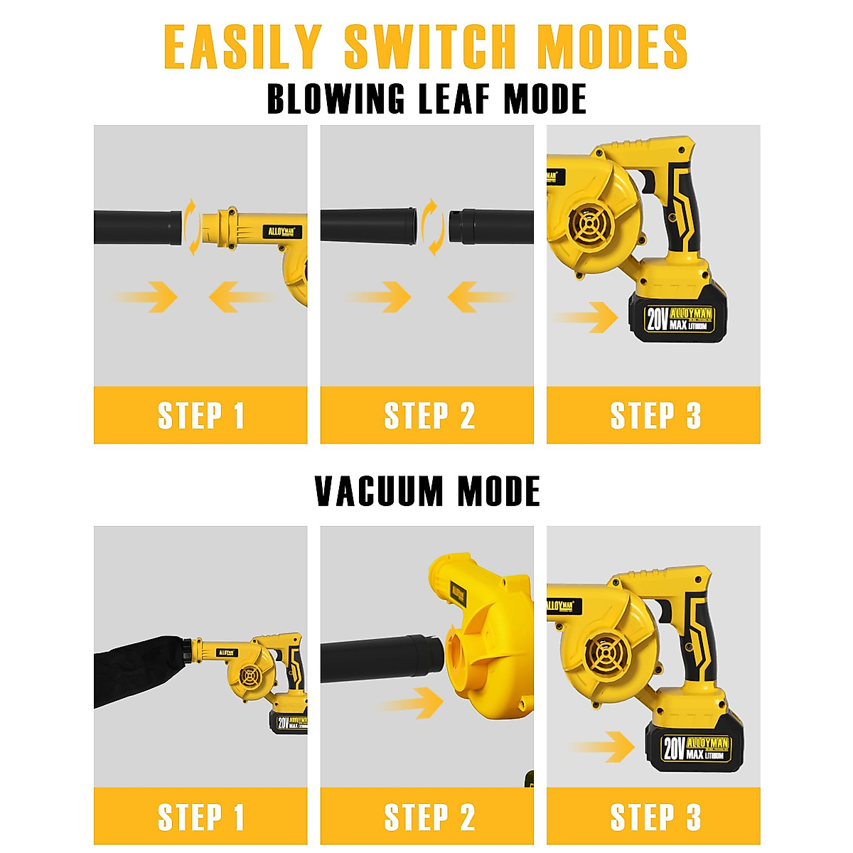 Alloyman Leaf Blower, 20V Cordless Leaf Blower, with 4.0Ah Battery & Charger, 2-in-1 Electric Leaf Blower & Vacuum for Yard Cleaning/Snow Blowing.