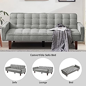 VIPNEW Convertible Futon Sofa Bed, Modern Tufted Loveseat Sofa Sleeper, Linen 3 Seater Couch for Living Room, Bedroom, Apartment, Grey