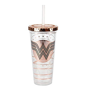 Seven20 DC Wonder Woman Travel Cup with Straw, 22oz - Acrylic Tumbler Mug w/Rose Gold Wonder Woman Symbol Design - Gift for Kids, Teens & Adults