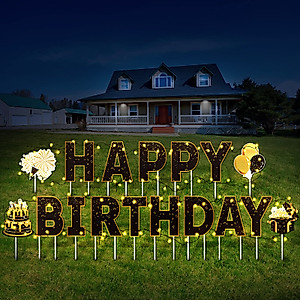 17 Pieces 16'' Happy Birthday Yard Signs with Stakes Birthday lawn sign with String Light Outdoor Decorations Yard Supplies for Home Garden Party, Black and Gold