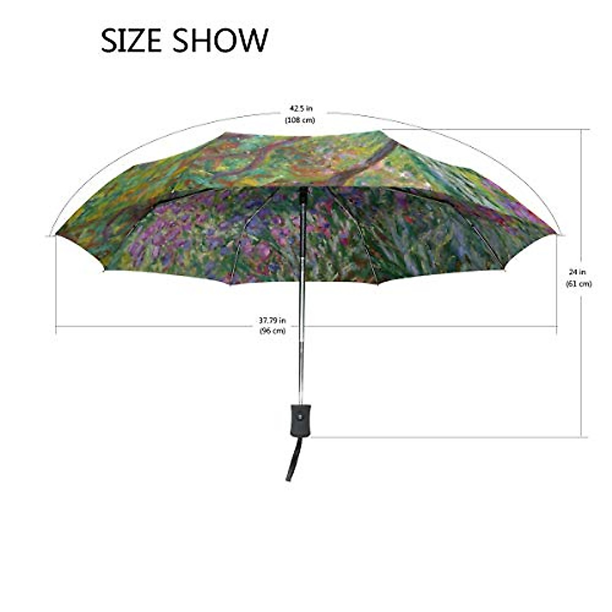 Auto Open Close Umbrella, Iris Garden At Giverny Monet Folding Travel Umbrellas for Rain and Sun