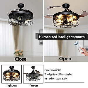 DLLT Ceiling Fan with Lights-42 Industrial Ceiling Fan with Retractable Blades, Vintage Cage Ceiling Light Fixture with Remote for Dining Room, Living Room, 5 E26 Bulbs Not Included, Black