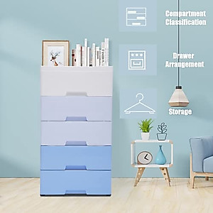 DYRABREST 5 Drawer Plastic Drawers Dresser Storage Cabinet Stackable Vertical Clothes Storage Tower with 4 Wheels for Hallway Entryway (Gradient Blue)