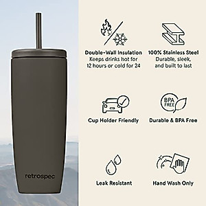 Retrospec Arroyo Stainless Steel Tumbler with Lid and Straw - Reusable Insulated Tumbler Cup - Iced Coffee Travel Mug - Double Walled Thermal Tumblers - 24oz - Matte Basalt