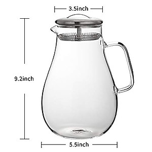 Hiware 64 Ounces Glass Pitcher with Lid/Water Pitcher with Handle - Good Beverage Carafe Pitcher for Juice, Milk, Beverage, Hot/Cold Water & Iced Tea, Cleaning Brush Included