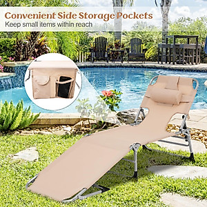 Moccha Folding Tanning Chair, Beach Lounger with Face Hole, 5-Position Adjustable Backrest, Side Pocket, Removable Pillow, Portable Bench Lounge Chairs for Outside Patio Pool Lawn (1, Beige)