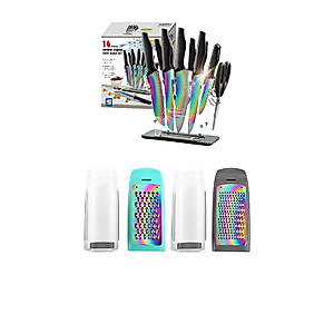 KYA35 14 PCS Rainbow Titanium Coating Cutlery Knives Block Set + Marco Almond MA63 Graters for Kitchen