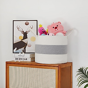 Ladkew Woven Cotton Rope Storage Basket With Handle,Laundry Basket,Blanket Basket Toy Basket Living Room For Organizing