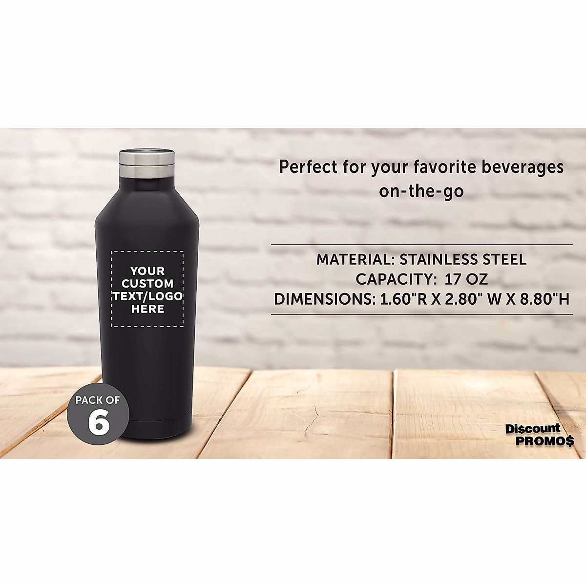 DISCOUNT PROMOS Custom Stainless Steel Water Bottles 17 oz. Set of 6, Personalized Bulk Pack - Double Wall, Perfect for Coffee, Soda, Other Hot & Cold Beverages - Black