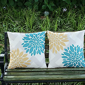 Outdoor Waterproof Throw Pillow Covers 18x18 Inch Teal and Yellow Dahlia Flower Outdoor Decor Accent Pillows for Patio Furniture Set of 2