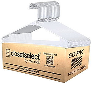 60 Pack White Plastic Hangers Made in USA with Bar Hooks, for All Clothing Types, Closet Organizer, 60 Pk Lightweight Standard Tubular Hanger Notch Less for Organizing