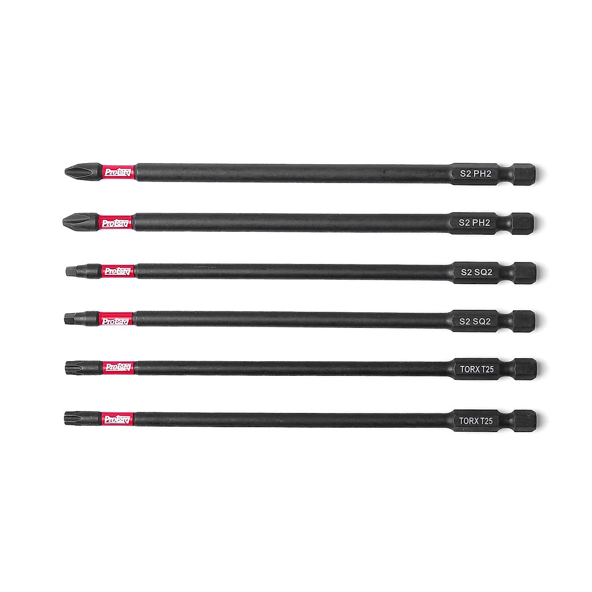 Protorq Long Impact Bit Set W/clip, 2 Phillips, 2 Square, T25 TORX, 6-Inch Length, 6-Piece,Industrial Strength, 1/4" Hex Shank