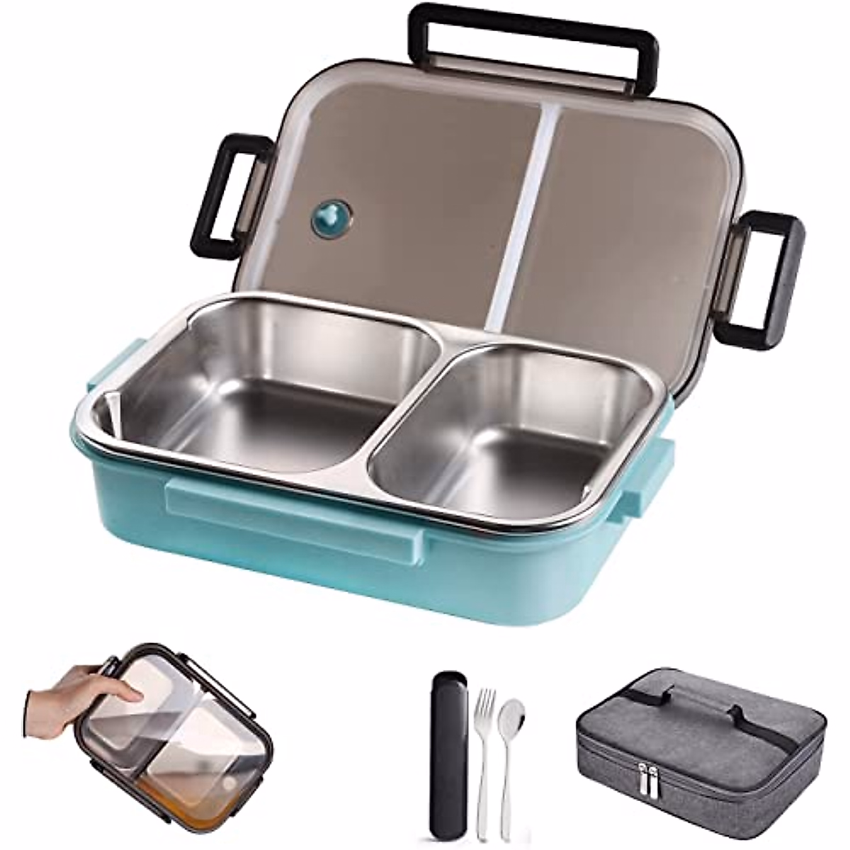 WORTHBUY Stainless Steel Lunch Container, 2 Section Design, Keep Foods Separated, Metal Bento Box with Insulated Lunch Bag Portable Utensil, Kids/Women/Adults, BPA-Free(2nd Generation,Blue)
