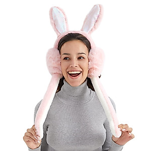 Surblue Foldable Cute Rabbit Moving Earmuffs Winter Warm Outdoor Ear Covers Headband Fur Earwarmer Pink