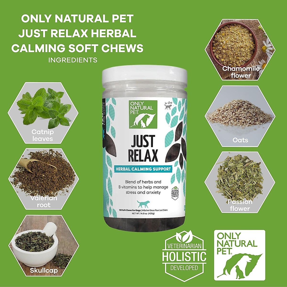 Only Natural Pet - Just Relax Herbal Calming Soft Chews for Dogs | Natural Anxiety Relief Treats, Premium Dog Relaxation Aid, Stress and Anxiety Relief Supplement - Bacon Flavor - 120 Soft Chews