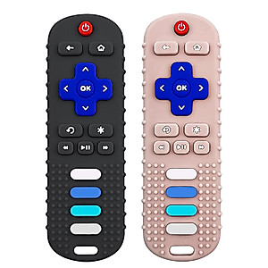 2Pack Teething Toys for Babies, Remote Control Shape Silicone Teether Toys,Baby Teethers for Toddlers Boys Girls (Black + Coral Color)