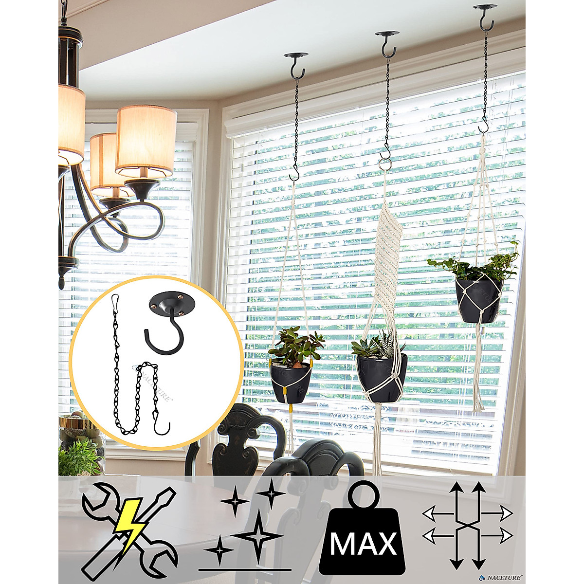 NACETURE Ceiling Hooks for Hanging Plants 3 Pack - Plant Hanger Indoor Hanging Hooks Metal Plant Bracket Iron Lanterns Hangers for Wind Chimes, Planters (Round White 3 Pack) (Black With Chain, 3 Pack)