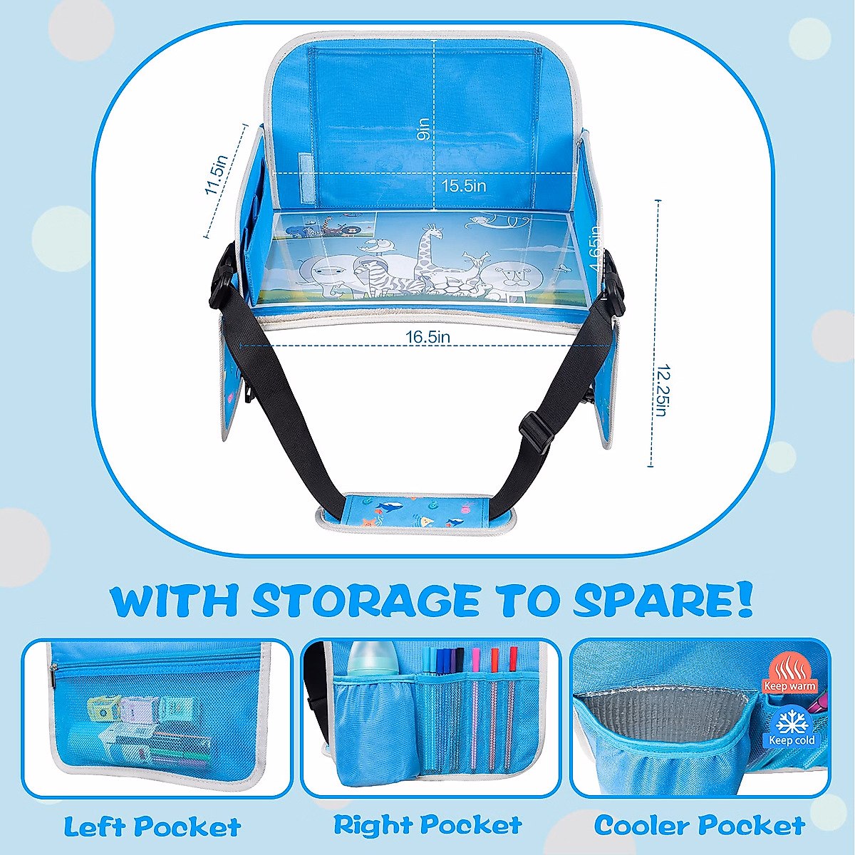 MENZOKE Bundle–2 items Kids Travel Tray with Dry Erase Board & Storage Pocket, Blue & Pink