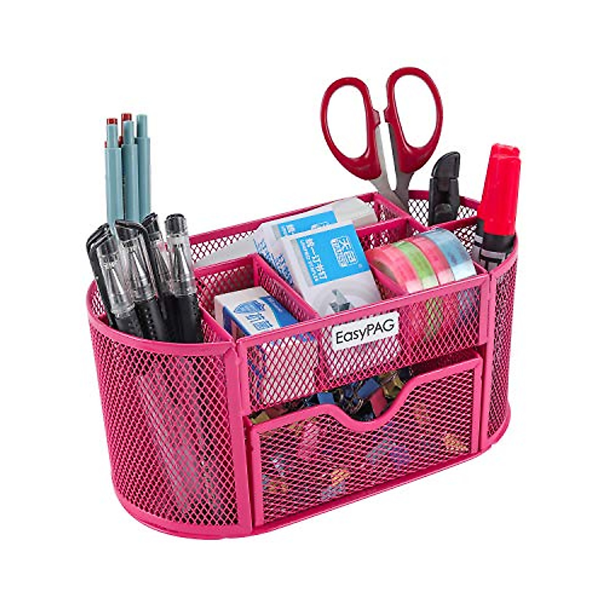 EasyPAG Desk Organizer Mesh Desktop Office Supplies Multi-functional Caddy Pen Holder Stationery with Drawer,Pink