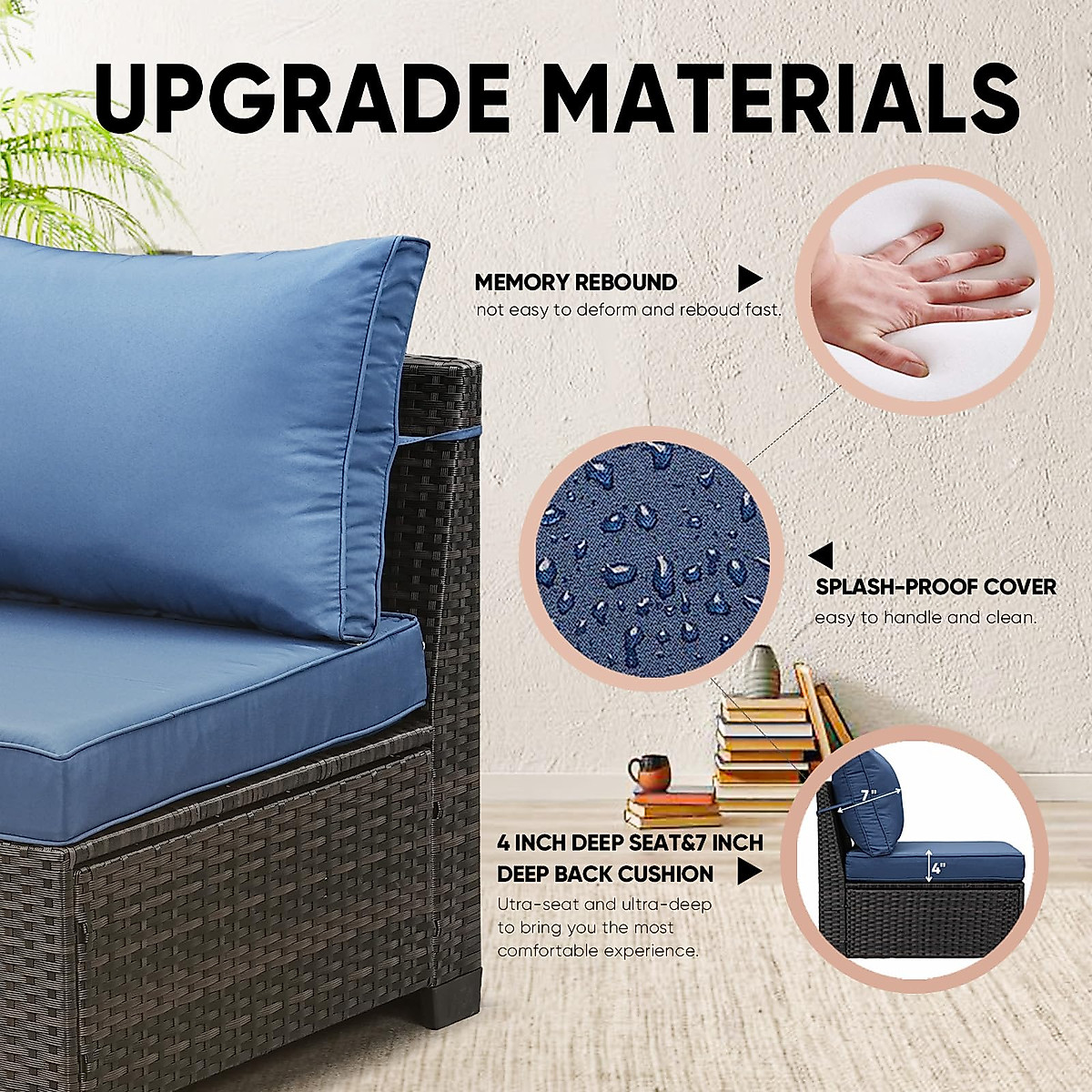 TerraRelax Patio Furniture Set 5 Pieces All Weather Patio Conversation Sets Wicker PE Rattan Outdoor Sectional Couch Sofa with Cushion Ottoman Table for Poolside Peacock, Garden, Backyard Navy