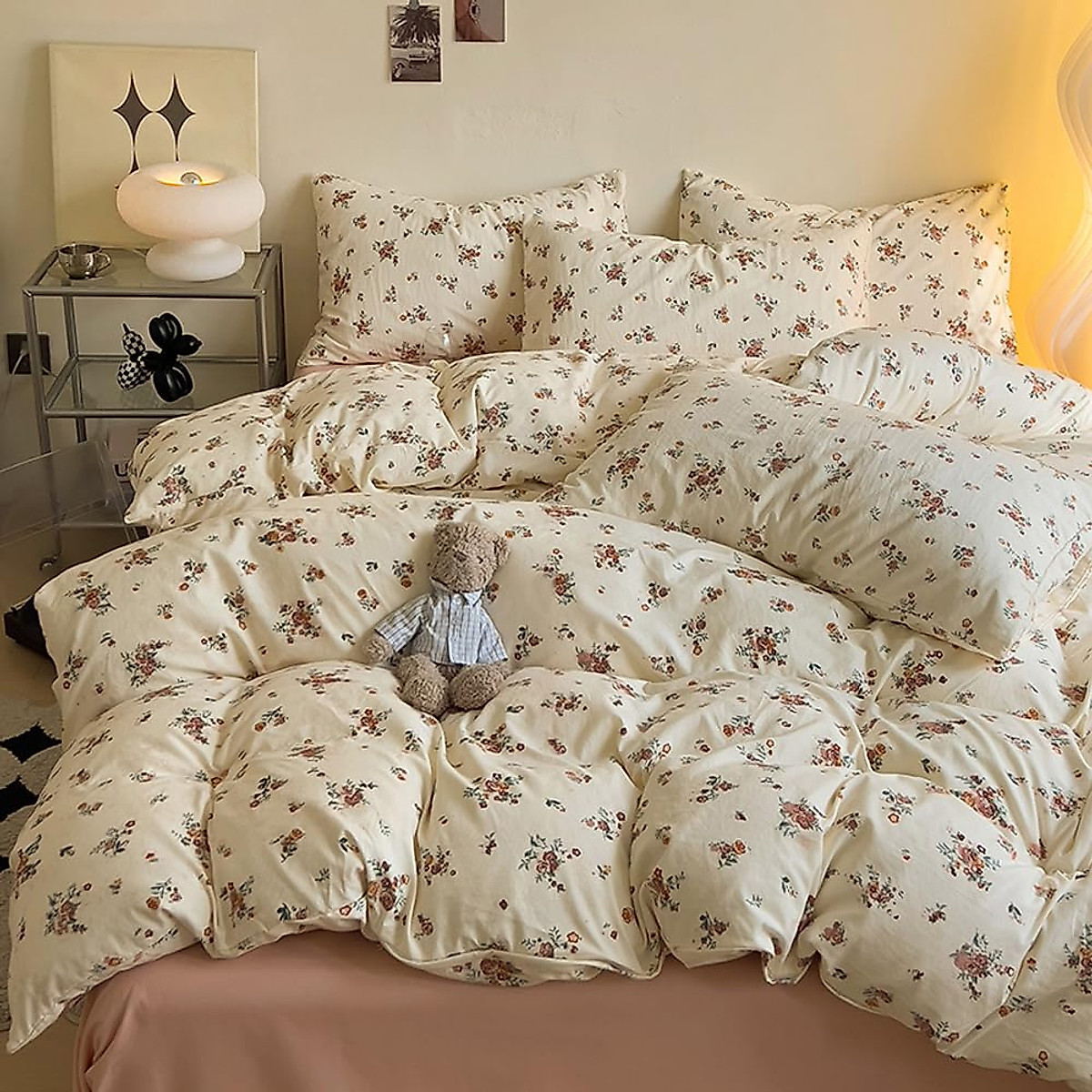 HOLY HOME Floral Bedding Set, Duvet Cover Set, 4 Pieces Spring Rose Flower Bedclothes with Pillowcases, Zipper Closure/Corner Ties (Rose Island, Queen)