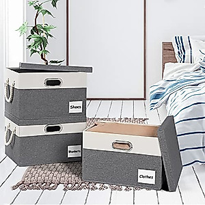 ASXSONN Large Storage Bins with Lids, Fabric Storage Bins with Label & 3 Handles, Foldable Storage Boxes with Lids, Storage Baskets with Lids for Organizing Home Office (15"x11"x9.6", Grey&White, 3 Pack)