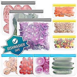 Dishwasher Safe Reusable Storage Bags, 10Pack Leakproof Reusable Freezer Bags, BPA Free PEVE Reusable Sandwich Bags, Silicone Food Storage Bags(10Pack-3 Gallon + 4 Sandwich + 3 Snack)