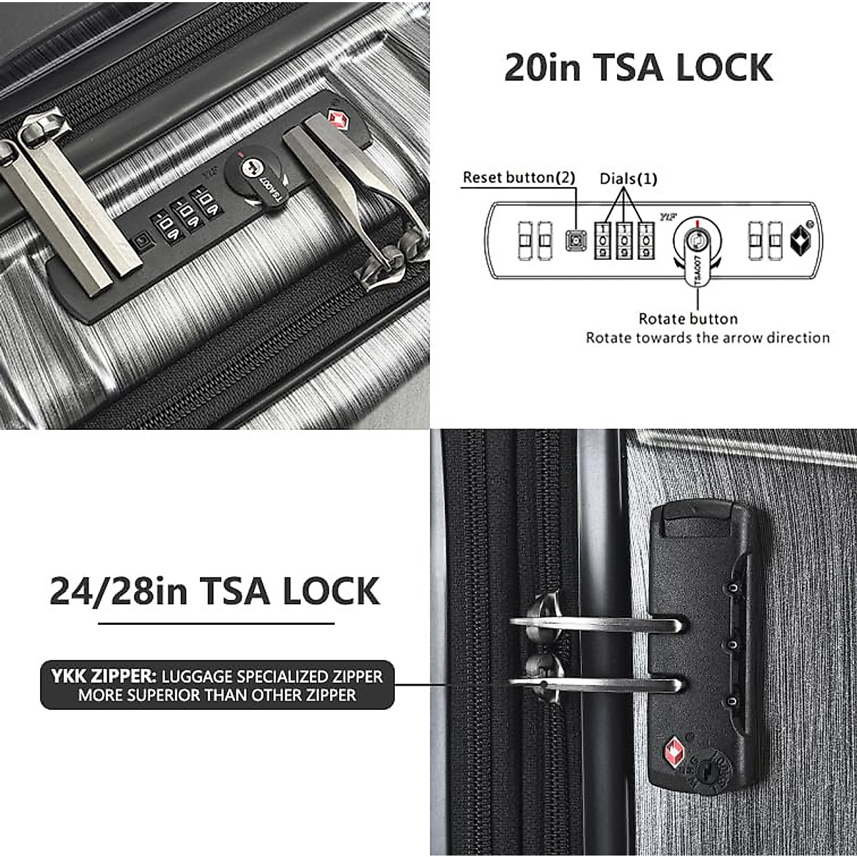 TydeCkare Luggage Set 3 Piece 20/24/28, 20" carry on with Front Pocket & 24/28" with Expandable, ABS+PC Suitcase with 4 Silent Wheels, TSA, YKK, Silver Grey