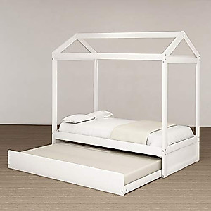 House Bed with Trundle for Kids and Toddlers, Wood Twin Size House Bed Frame, Can Be Decorated, White