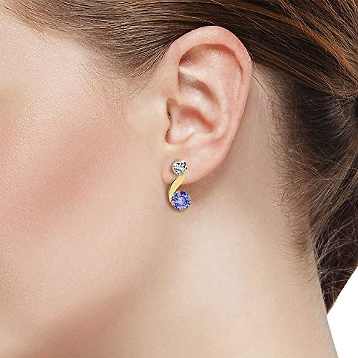 Gem Stone King 14K Yellow Gold Blue Tanzanite and White Topaz Earrings | 0.88 Cttw | Gemstone Birthstone | Round 4MM and 3MM | Gold Earrings For Women