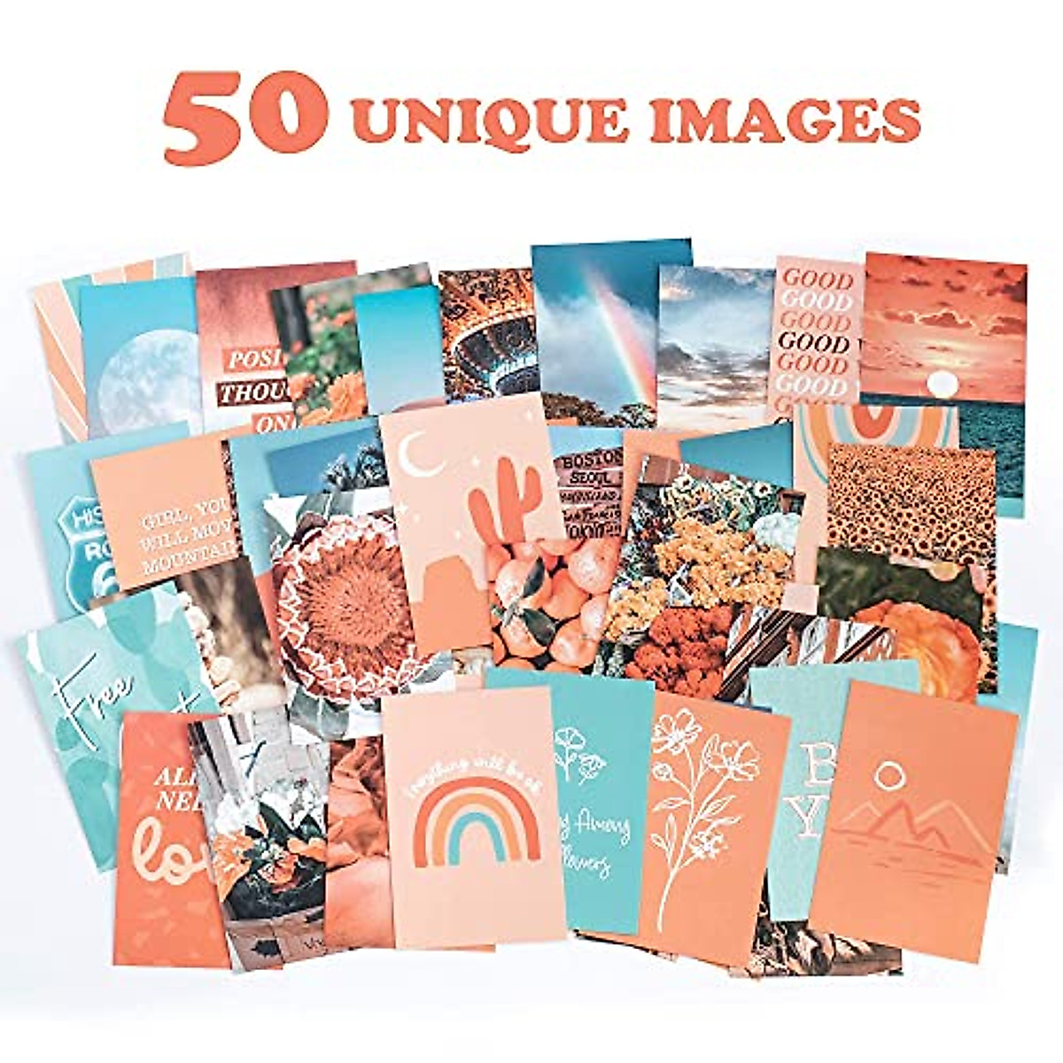 Artivo Peach Teal Wall Collage Kit for Aesthetic Pictures, 50 Set 4x6 inch, VSCO Girls Bedroom Decor, Cute Boho Wall Decor, Dorm Photo Collection
