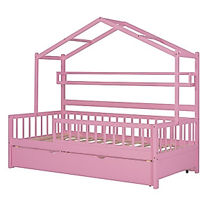 Harper & Bright Designs Wooden Twin Size House Bed with Trundle,Kids Bed with Shelf, White (Twin, Pink+Trundle1)