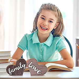 Jetec 2 Pieces Love Family Heart Wooden Sign Heart Shaped Wooden Decoration Rustic Table Sign Wooden Heart Table Centerpiece for Home Kitchen Living Room Bedroom Office Table Decor