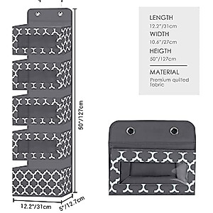 Over Door Organizer, Bathroom Pantry Nursery Cabinet Baby Storage with 5 Large Pockets & 2 Widened Hooks, Wall Mount Hanging Organizer with Clear Window for Cosmetics, Diapers, Closet, Dorm, Grey