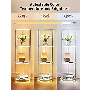 HOPEDAMAI Floor Lamp with Shelves Height Adjustable RGB Tall Lamp with Music Sync, Charging Stationl, Dimmable and Timing LED Corner Standing Lamp for Bedroom White 4-Tier