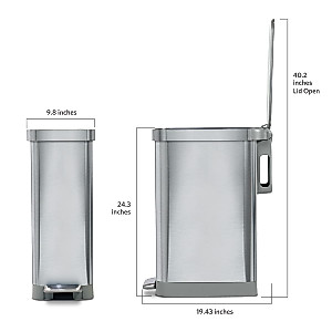 Glad Slim Trash Can with Clorox Odor Protection - Narrow Kitchen Garbage Bin with Soft Close Lid, Step On Foot Pedal and Waste Bag Roll Holder, All Stainless, 45 Liter